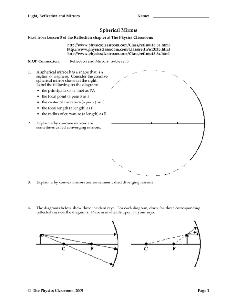Spherical Mirrors Worksheet: Physics Reflection & Optics