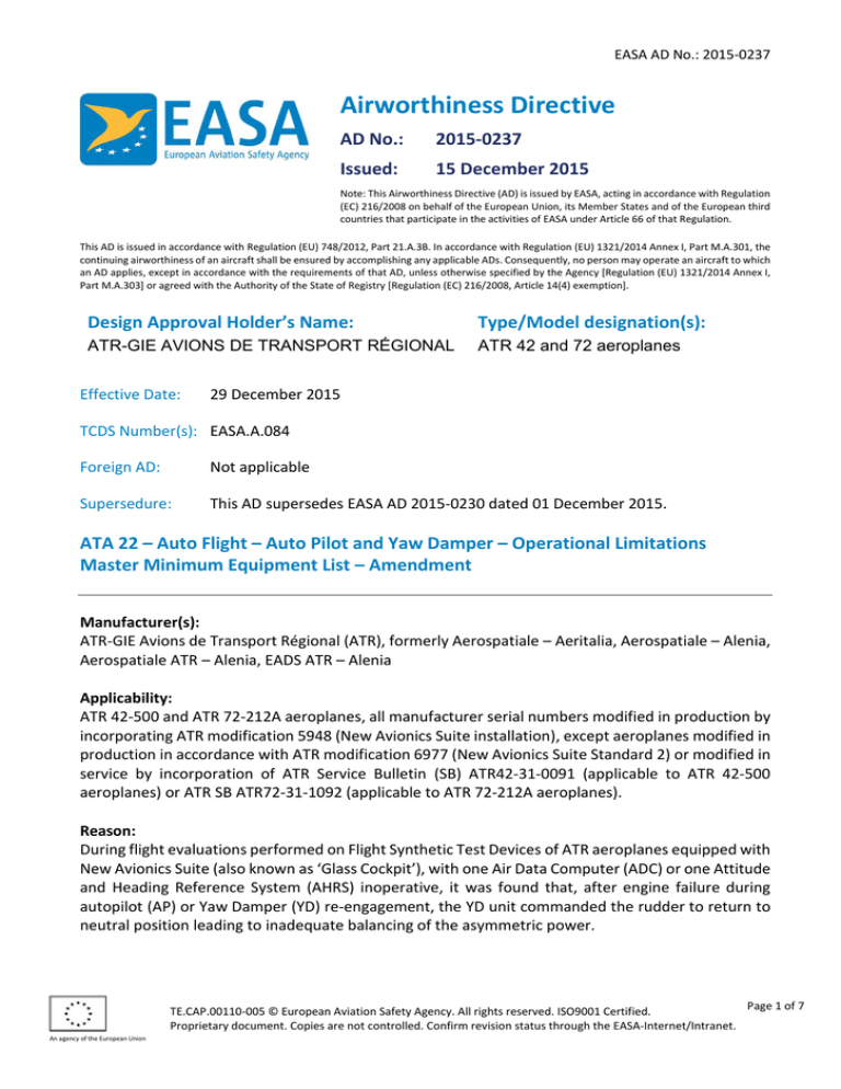EASA Airworthiness Directive 2015-0237: ATR 42/72 Limitations