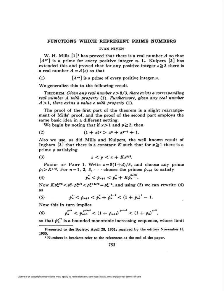 FUNCTIONS WHICH REPRESENT PRIME NUMBERS
