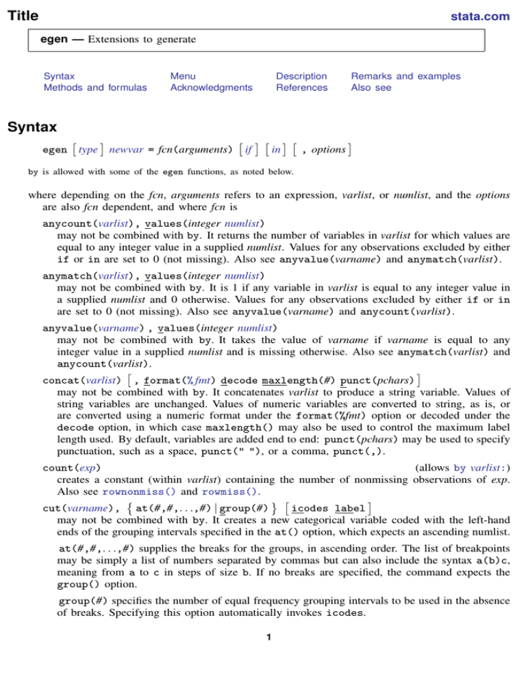 Stata egen Command: Extensions to Generate Variables