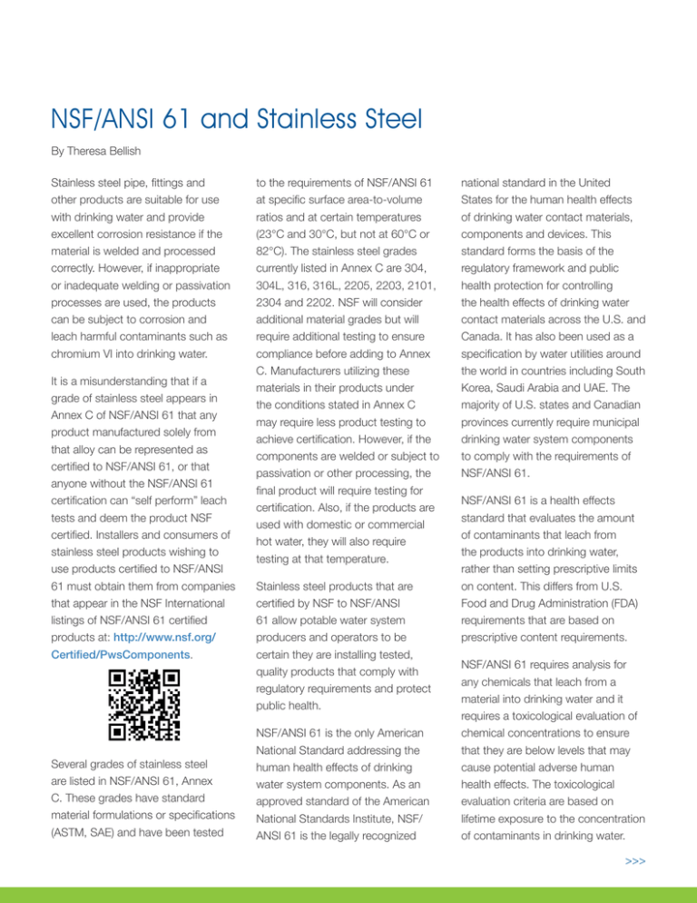 NSF/ANSI 61 Certification for Stainless Steel in Drinking Water