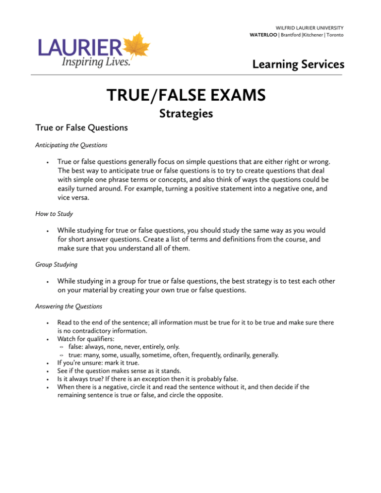 True/False Exam Strategies: Study Guide