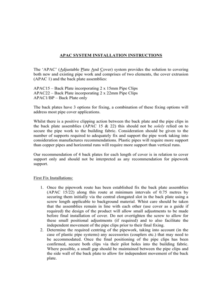 APAC SYSTEM INSTALLATION INSTRUCTIONS The `APAC