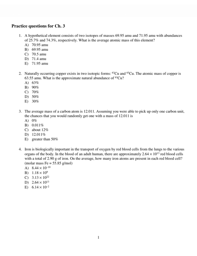 Chemistry Practice Questions: Stoichiometry & Atomic Mass