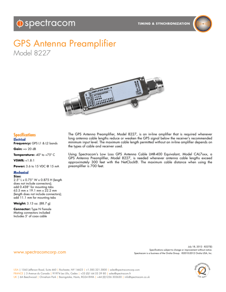 GPS Antenna Preamplifier Model 8227 Datasheet