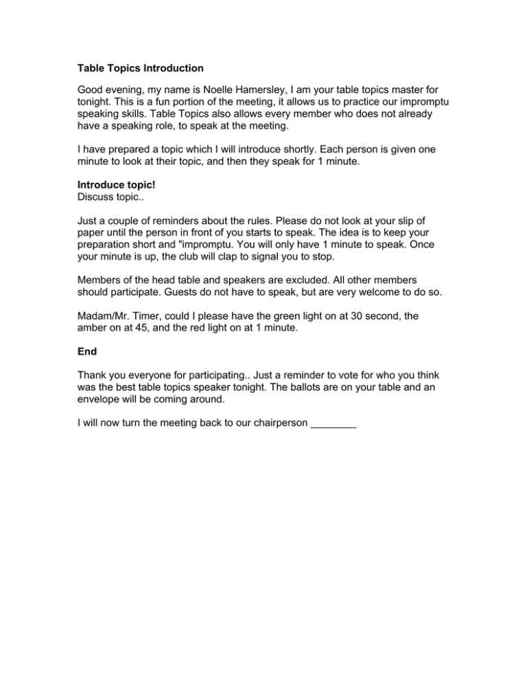 Table Topics Meeting Script: Impromptu Speaking Practice