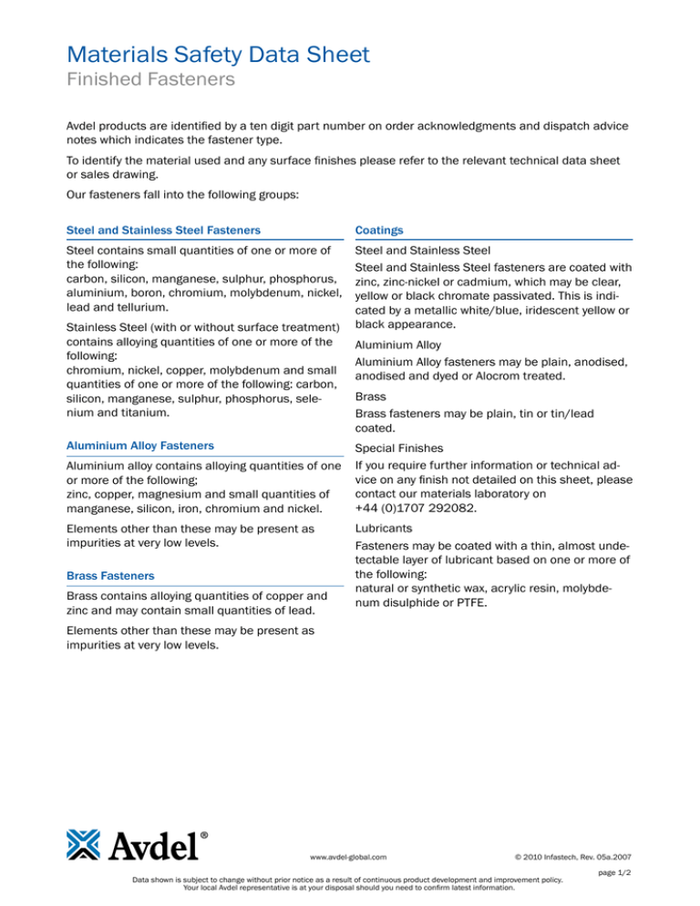 Avdel Materials Safety Fasteners