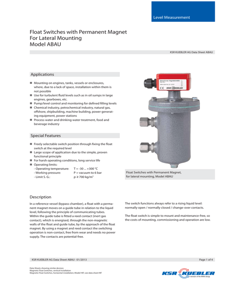 ABAU Float Switches: Lateral Mounting, Data Sheet