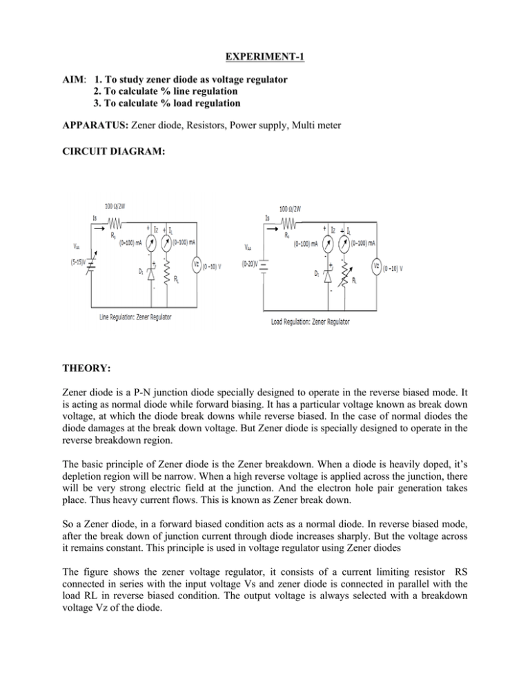 Zener Diode Voltage Regulator Experiment: Line & Load Regulation