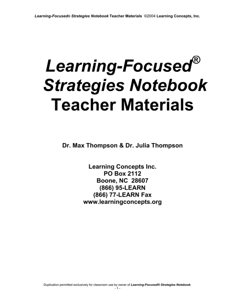 Learning-Focused Strategies Notebook: Teacher Materials