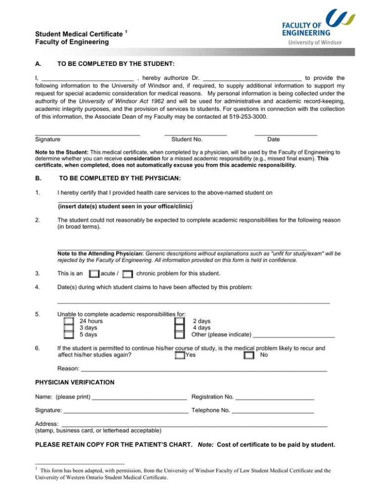 Student Medical Certificate - University of Windsor Engineering
