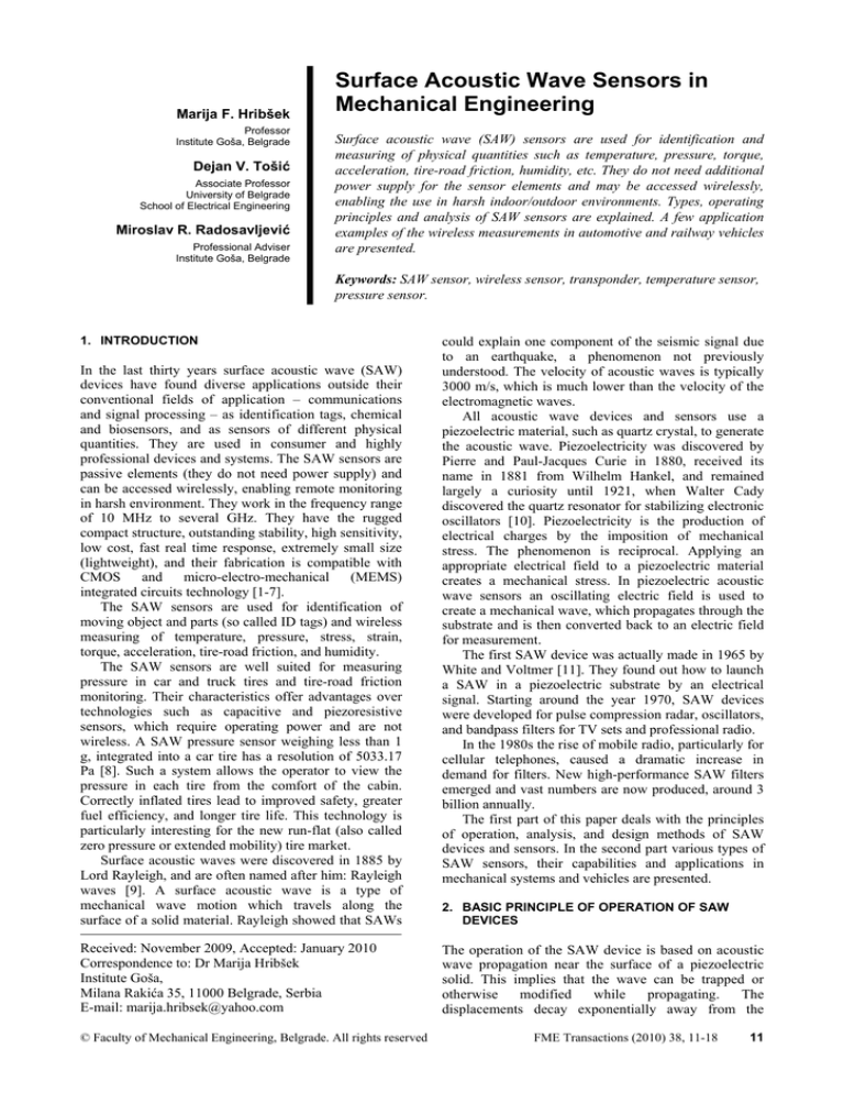 Surface Acoustic Wave Sensors in Mechanical Engineering