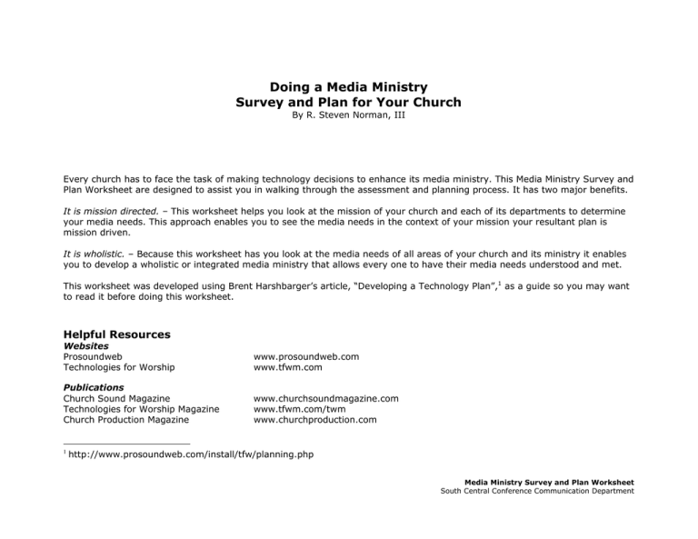 Media Ministry Survey & Plan Worksheet for Churches