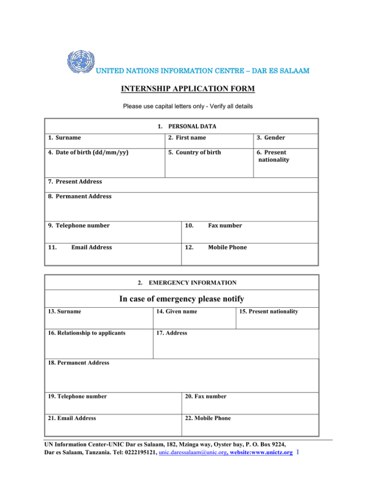 UNIC Dar es Salaam Internship Application Form