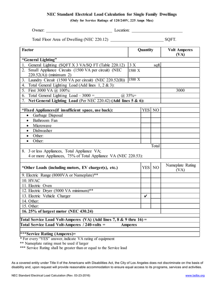 Electrical Load Calculation Form for Single Family Dwellings
