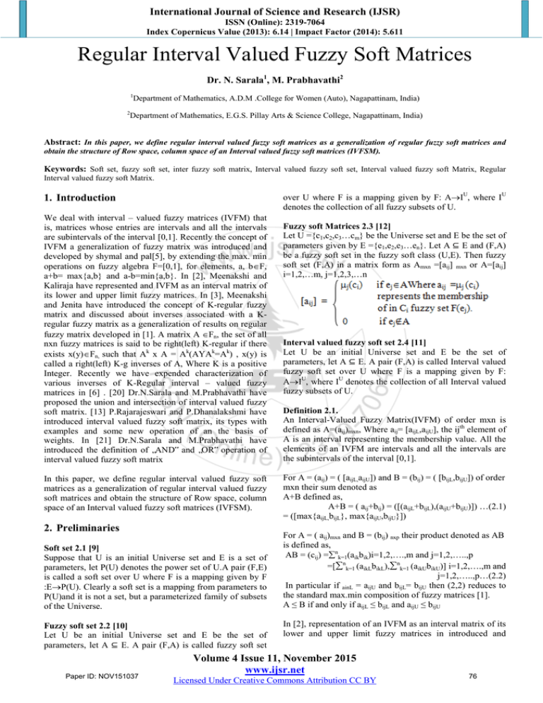Regular Interval Valued Fuzzy Soft Matrices Research Paper