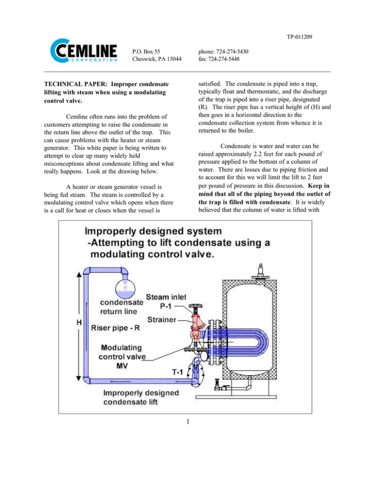 Improper condensate lifting with steam when using a