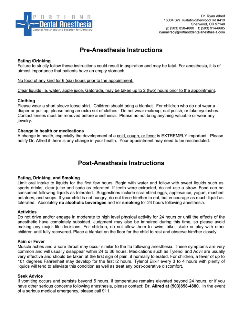Anesthesia Instructions: Pre & Post-Op Guidelines