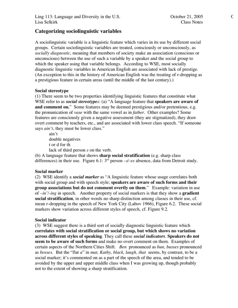 Sociolinguistics Variables: Class Notes