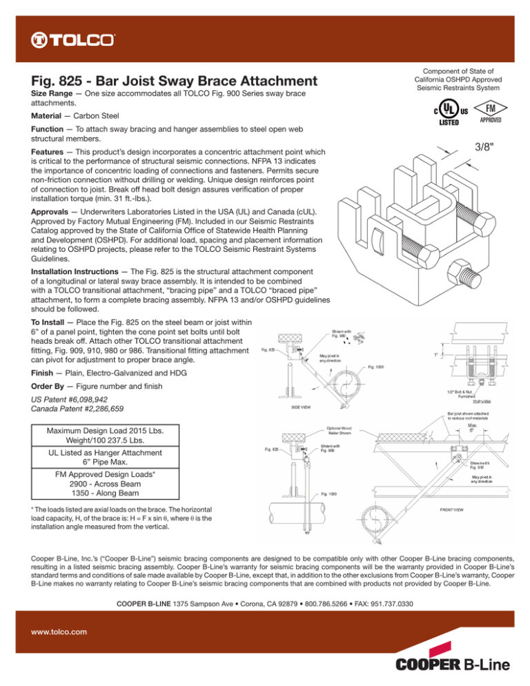 TOLCO Fig. 825 Bar Joist Sway Brace Attachment Specs