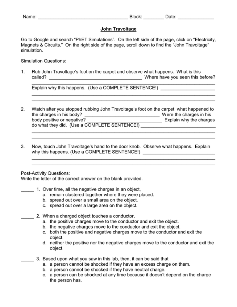 John Travoltage: Static Electricity Worksheet