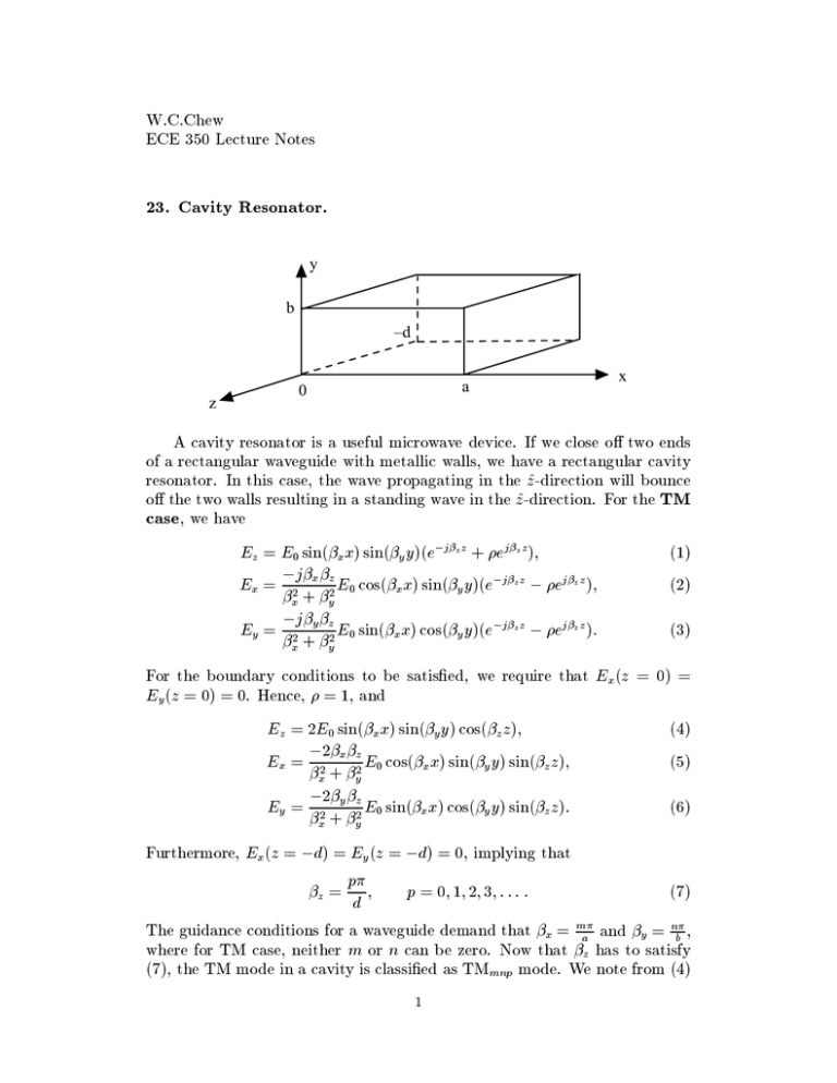 Cavity Resonator Lecture Notes: TM & TE Modes, Resonant Frequency