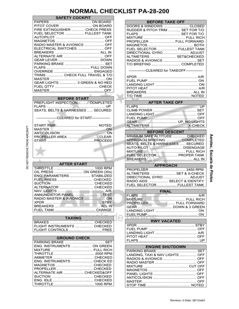 PA-28-200 Aircraft Checklist: Normal & Emergency Procedures