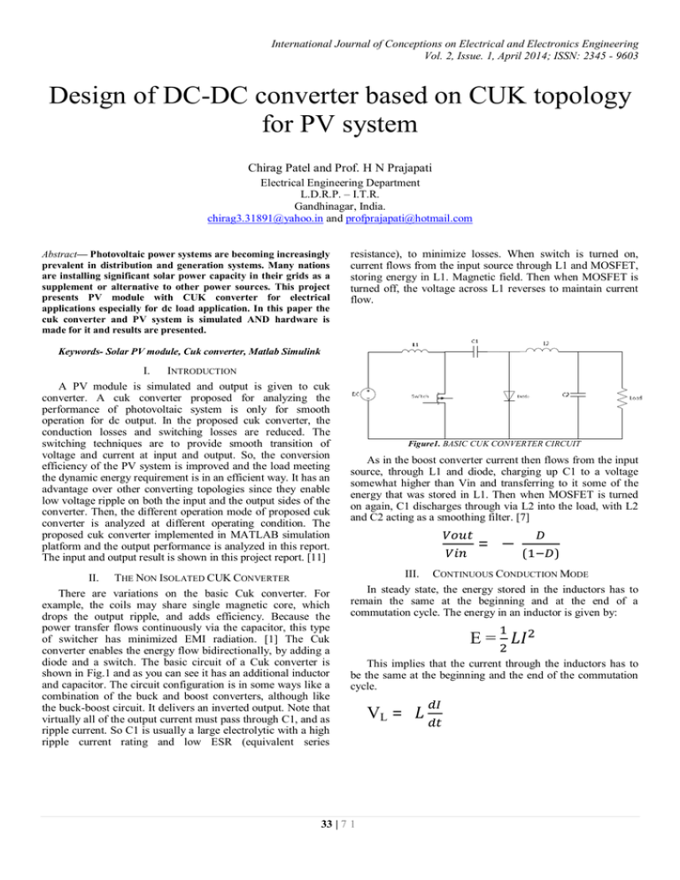 CUK Converter Design for PV Systems