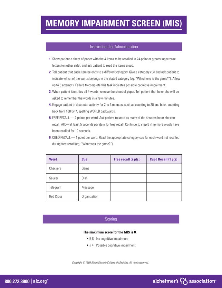 Memory Impairment Screen (MIS) Assessment Tool