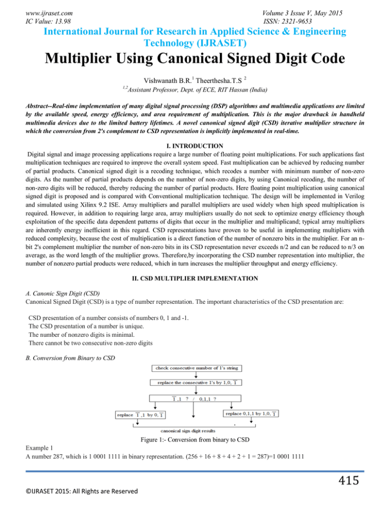 Multiplier Using Canonical Signed Digit Code