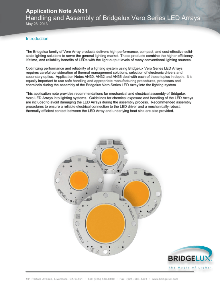 Handling and Assembly of Bridgelux Vero Series LED Arrays