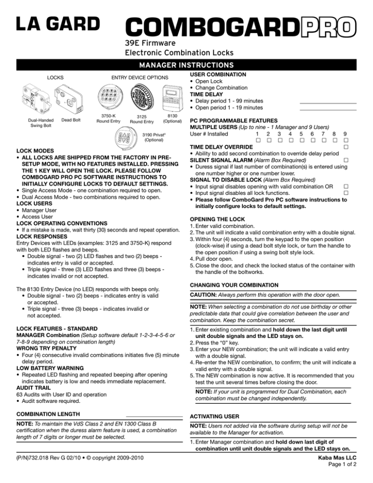 Lagard Combogard Pro 39e Manager Instructions