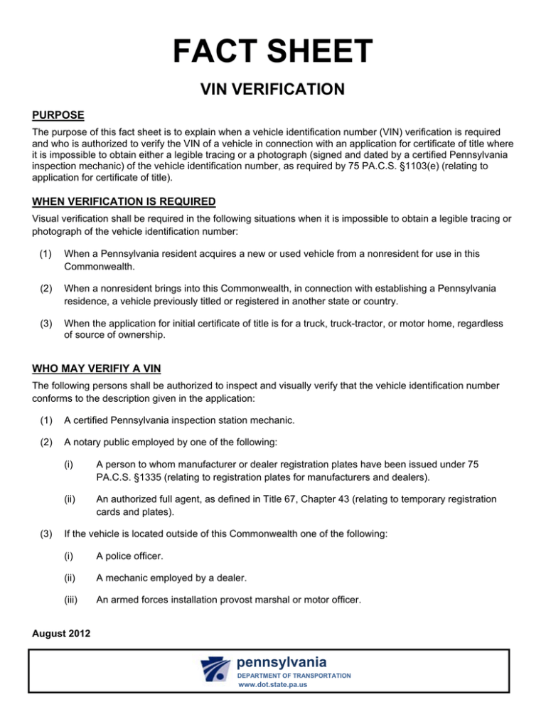 PennDOT - VIN Verification Fact Sheet
