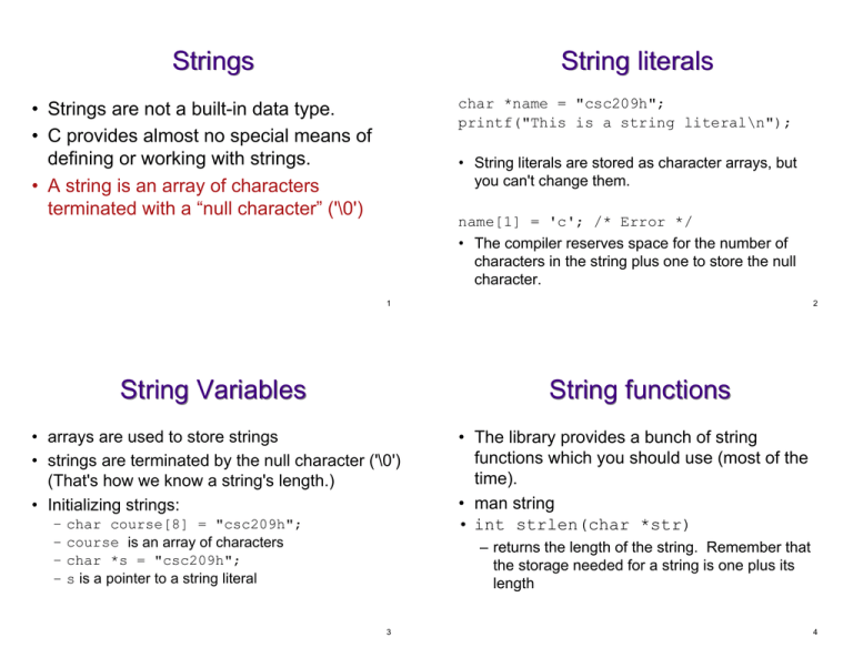 C Programming Strings Literals Variables And Functions