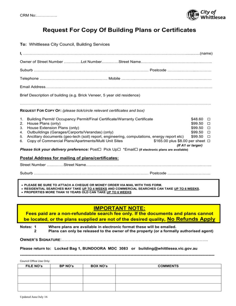 Request For Copy Of Building Plans or Certificates
