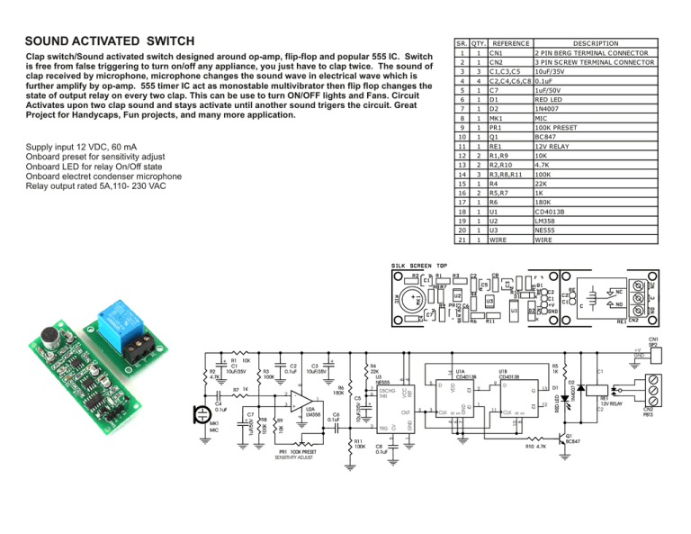 Sound Activated Switch Circuit Schematic & Parts List