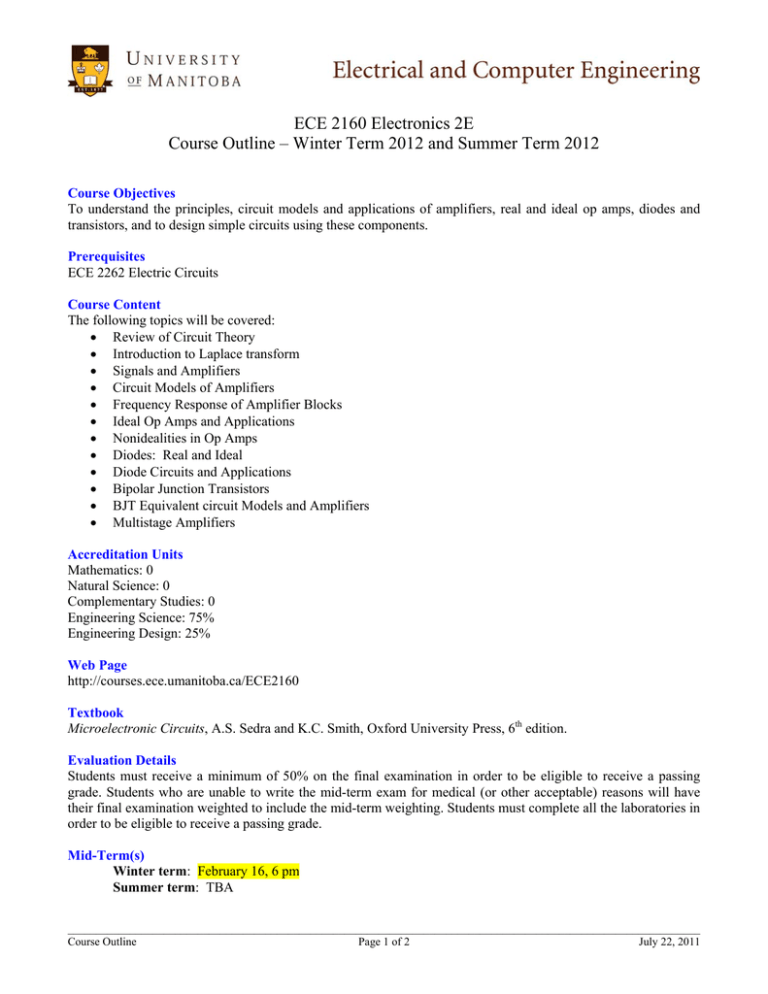 ECE 2160 Electronics 2E Course Outline - University of Manitoba