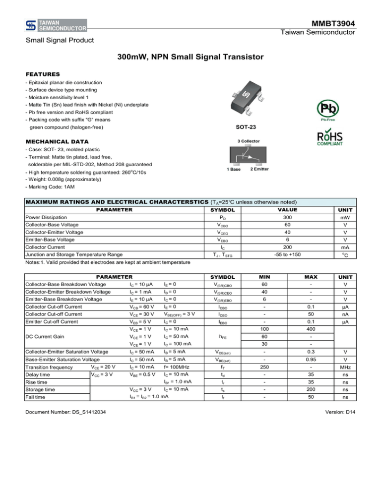 MMBT3904 NPN Transistor Datasheet