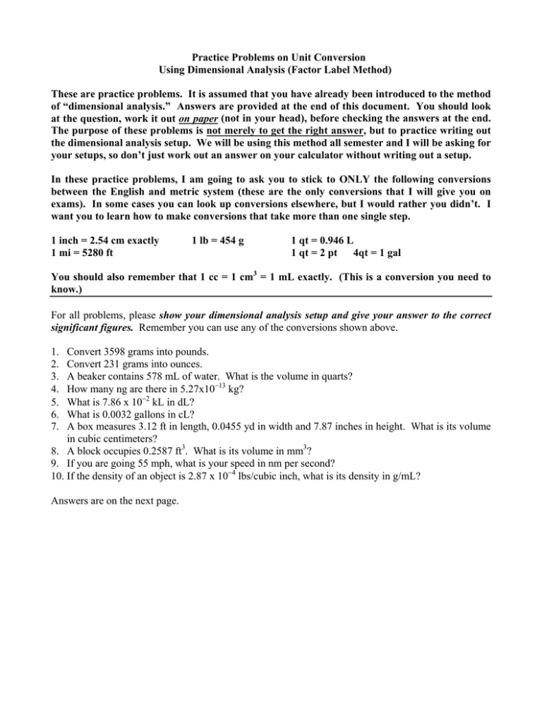 Unit Conversion Practice Problems: Dimensional Analysis