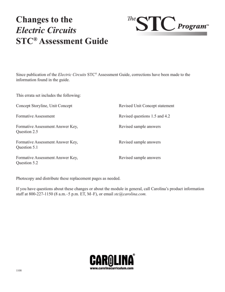 Electric Circuits STC Assessment Guide Errata