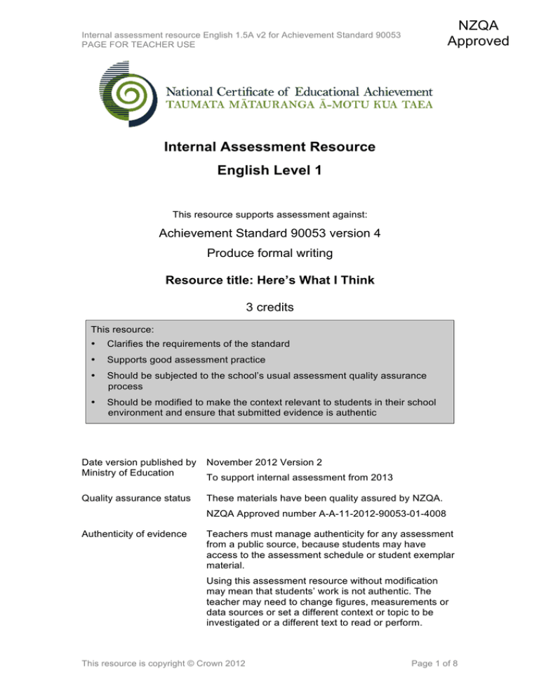 Formal Writing Assessment: Opinion Piece for English Level 1