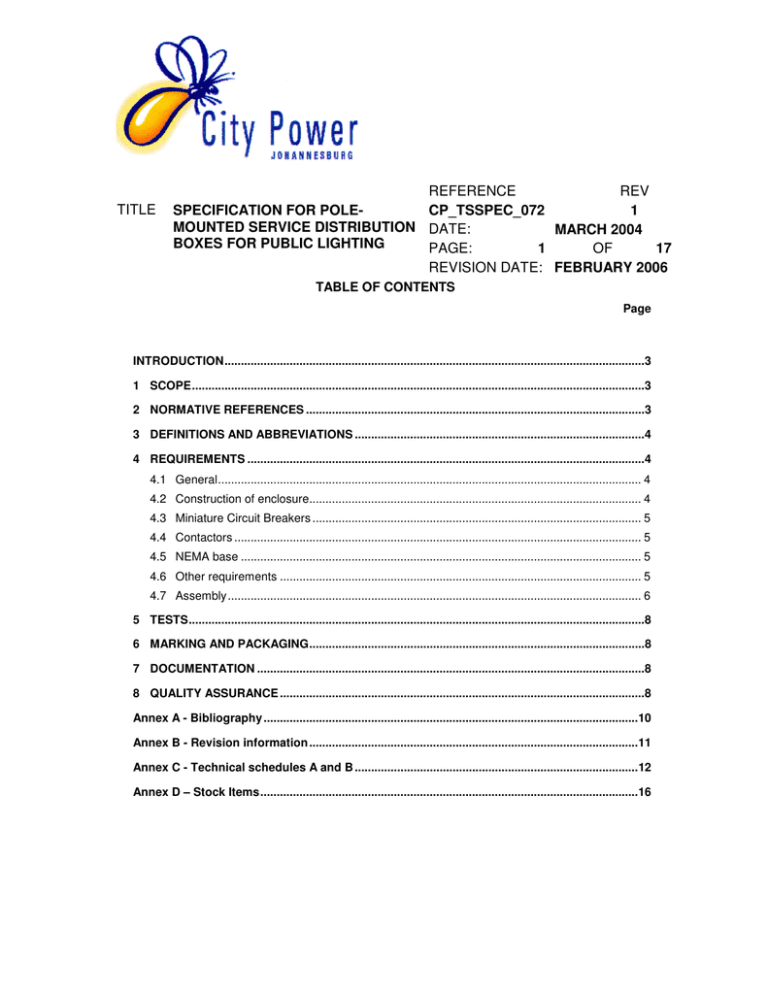Pole-Mounted Service Distribution Box Specification