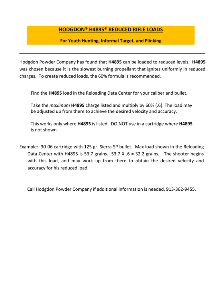 HODGDON® H4895® REDUCED RIFLE LOADS