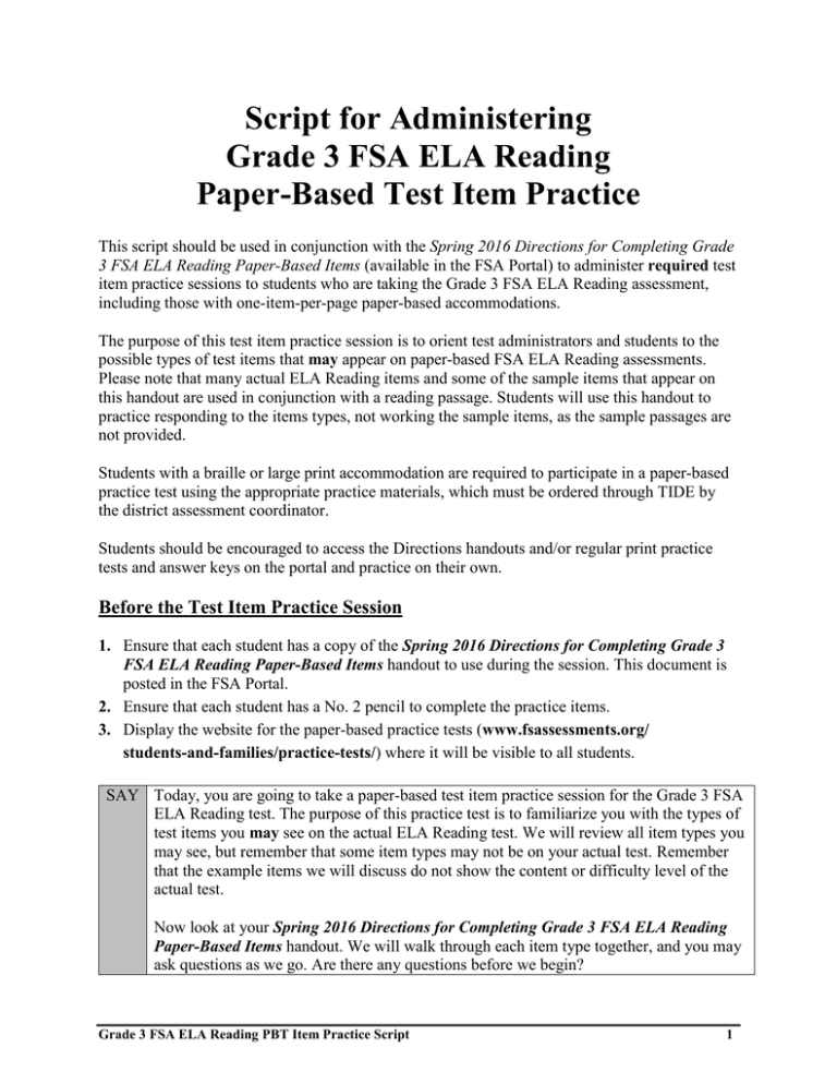 Grade 3 FSA ELA Reading Test Practice Script