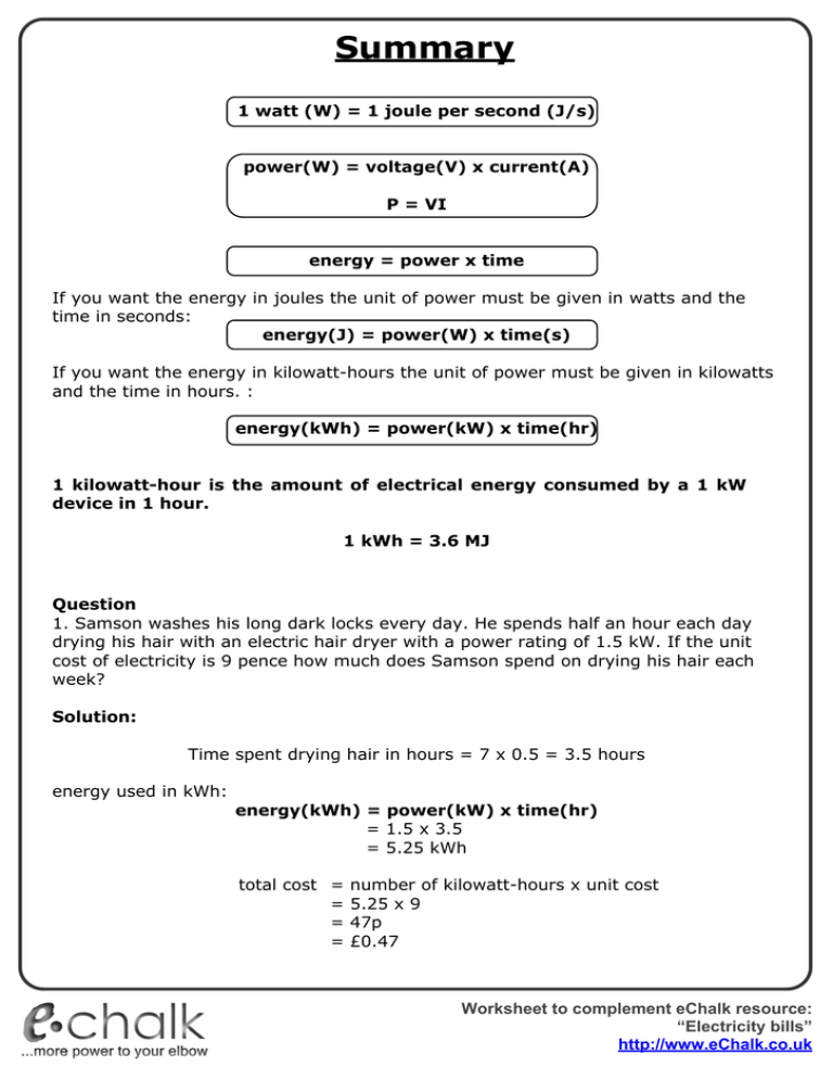 Electricity Bills Worksheet: Power, Energy, and Cost