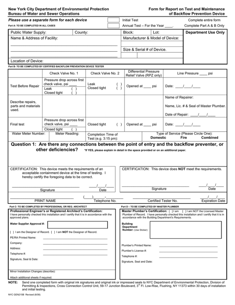 Form for Report on Test and Maintenance of Backflow