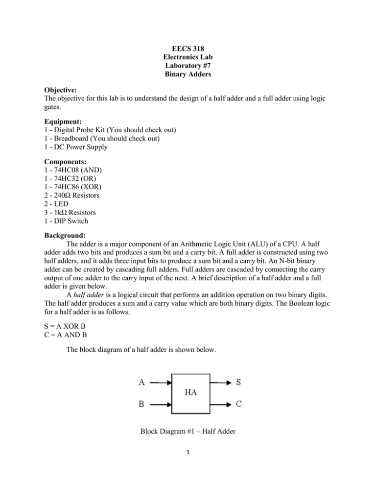 Lab 7 - Digital Logic - Binary Adders