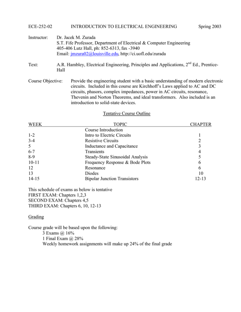 ECE Intro to Electrical Engineering Course Syllabus Spring 2003