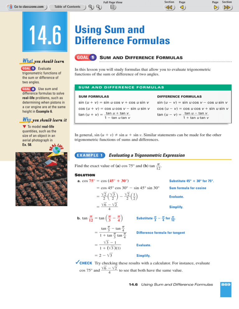 Using Sum And Difference Formulas