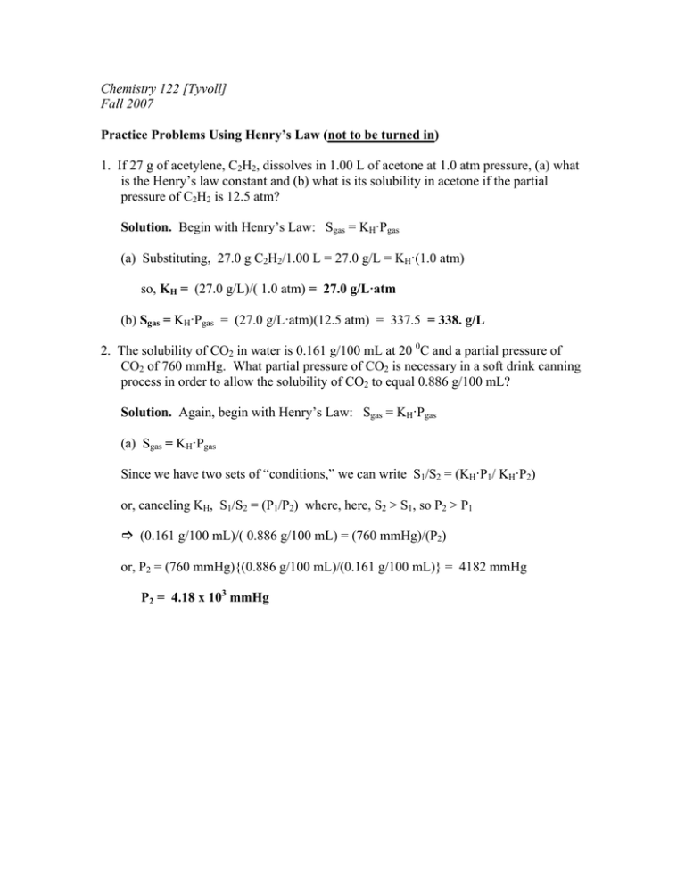 Henry's Law Practice Problems: Chemistry Solutions